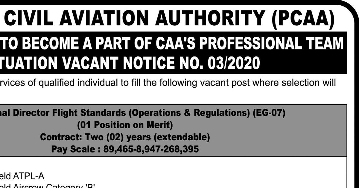 Civil Aviation Authority (PCAA) Pakistan Jobs 2020 Latest | Apply Online