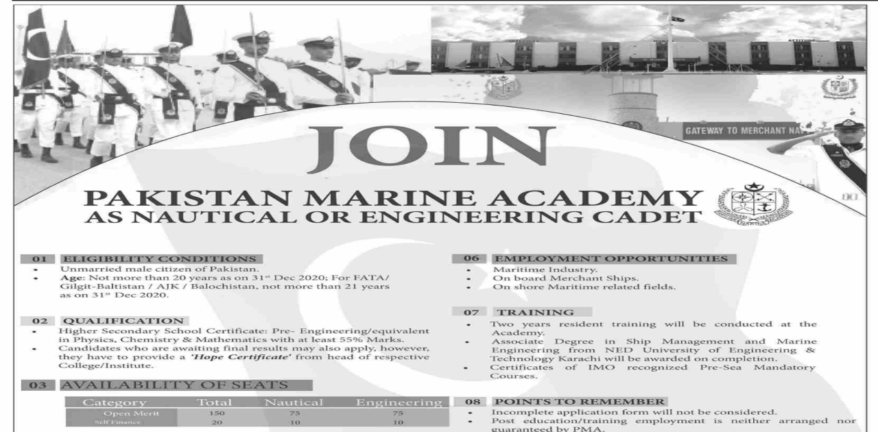 Join Pakistan Marine Academy As Nautical or Engineering Cadet 2020