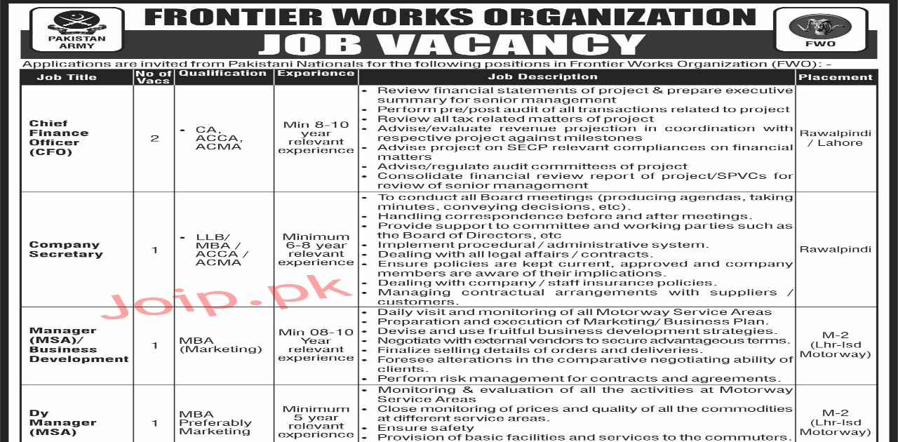 Pakistan Army FWO Frontier Works Organization Rawalpindi Jobs 2020