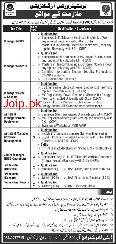 Pakistan Army Frontier Works Organization FWO 18+ Jobs 2020 Latest