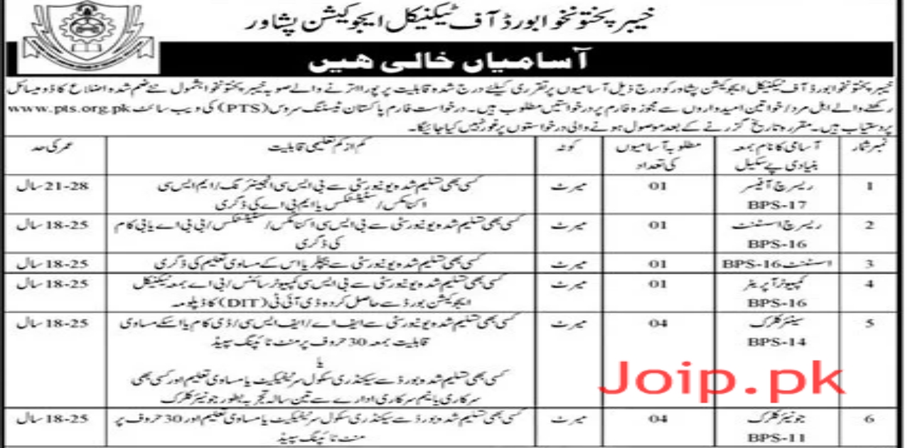 KPK Board of Technical Education Peshawar Jobs 2020 Latest