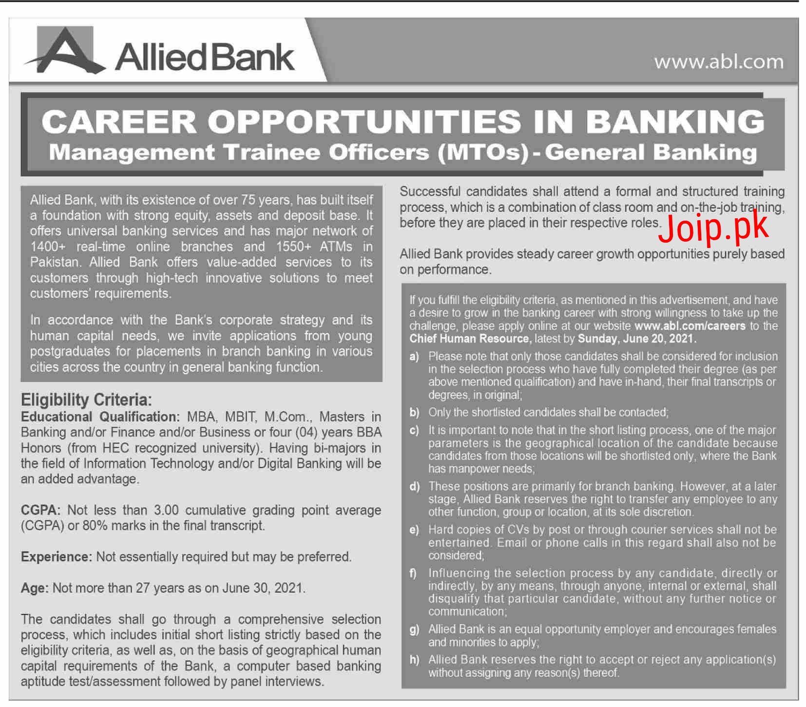 Allied Bank Jobs 2021 - Latest Careers in ABL (Online Apply)