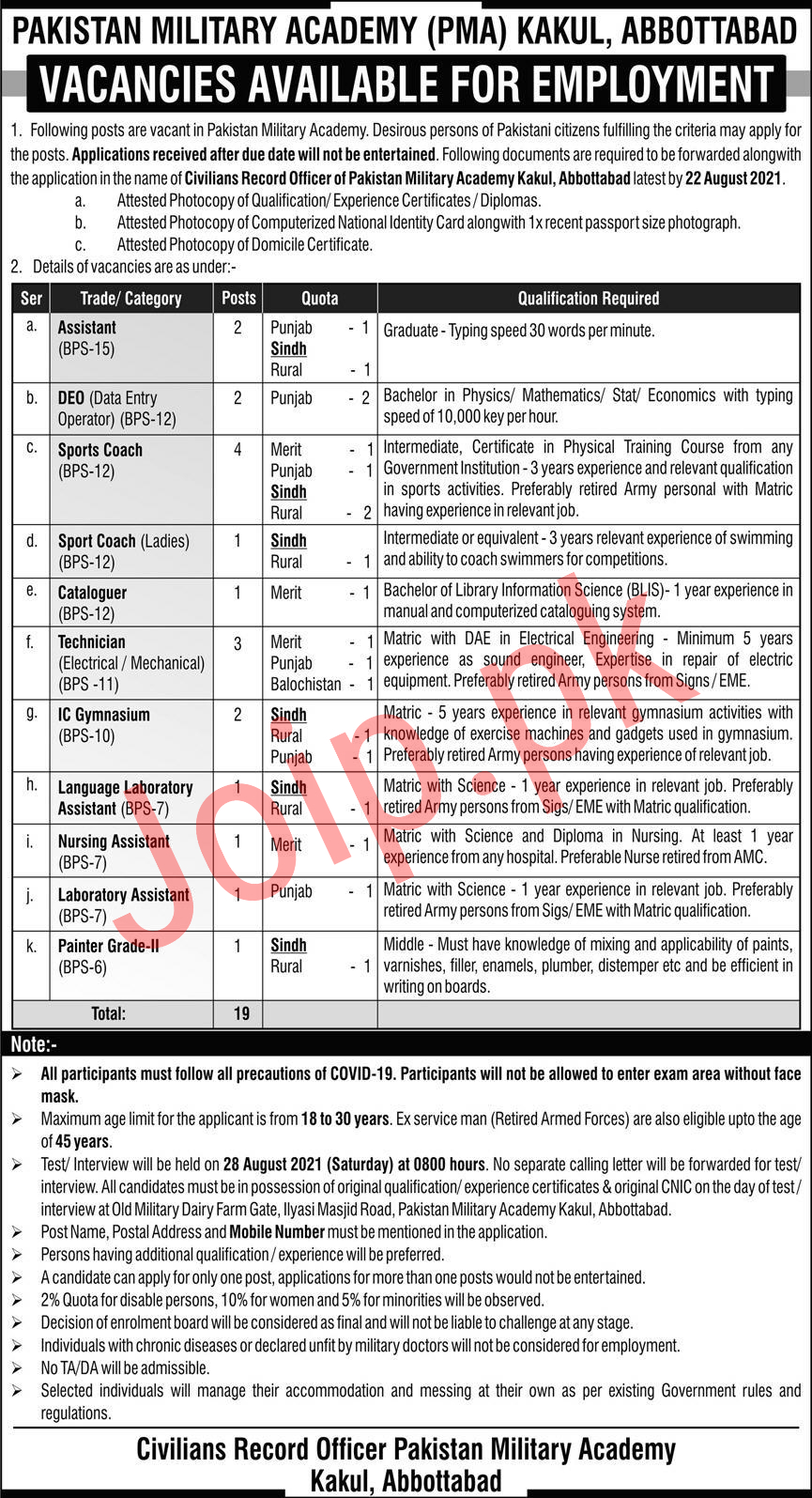 PMA Jobs 2021 - Advertisement in Pakistan Military Academy